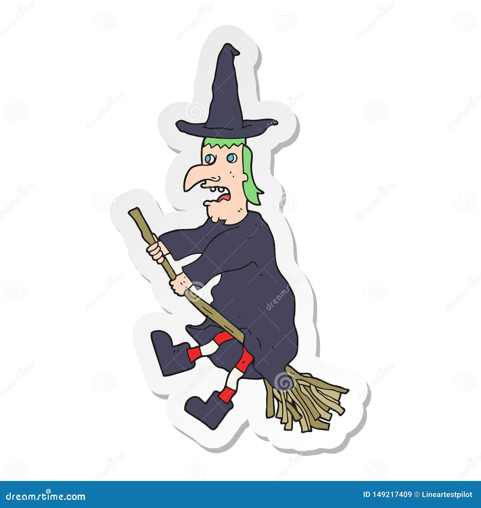Sticker of a Cartoon Witch Flying on Broom Stock Vector - Illustration ...