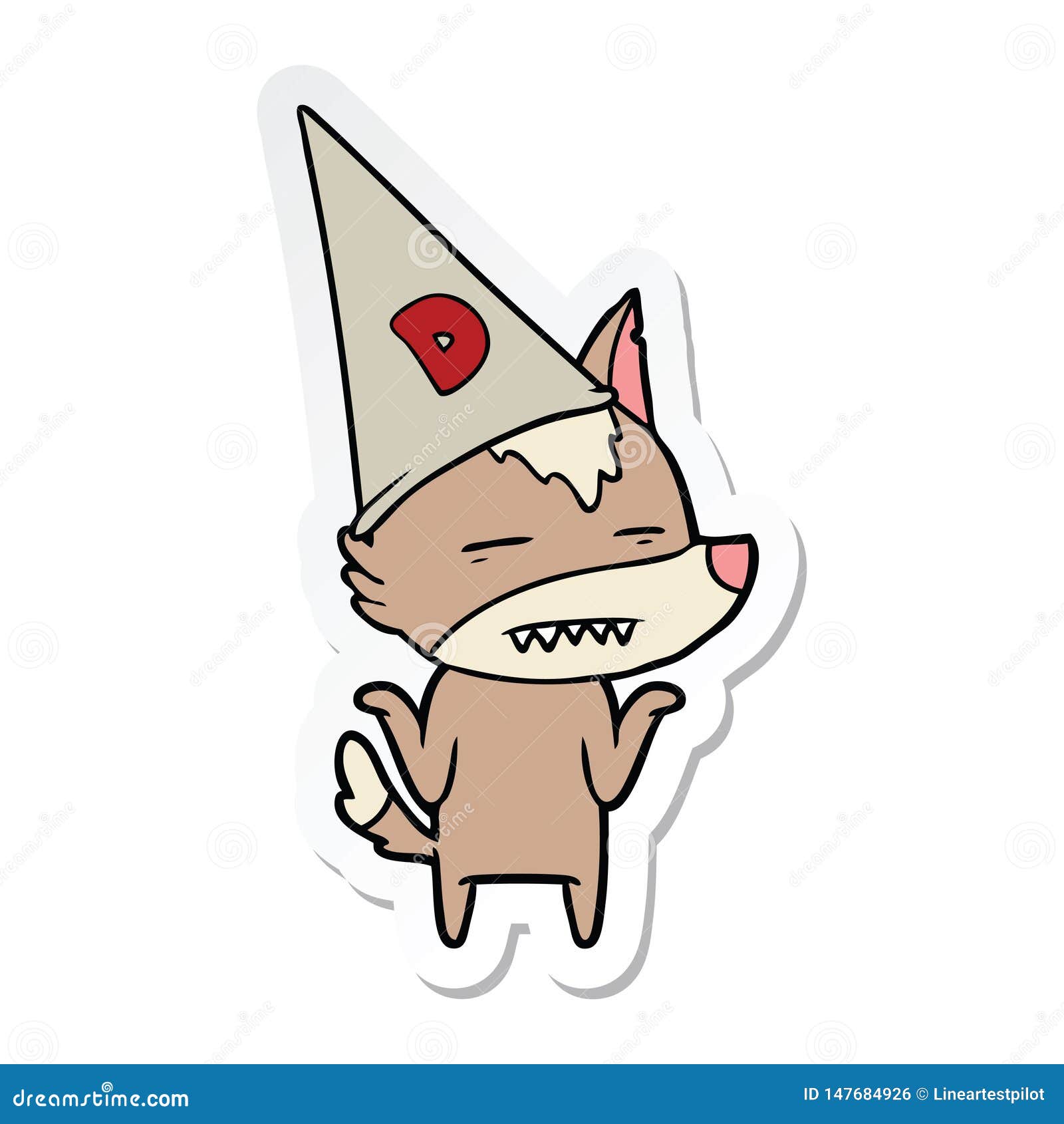 Sticker Of A Cartoon Wolf Wearing Dunce Hat Vector Illustration ...