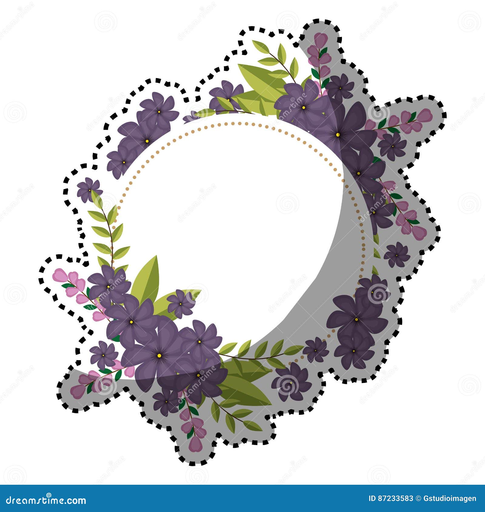 Sticker Circular Frame with Violet Floral Bouquet and Leaves Stock ...