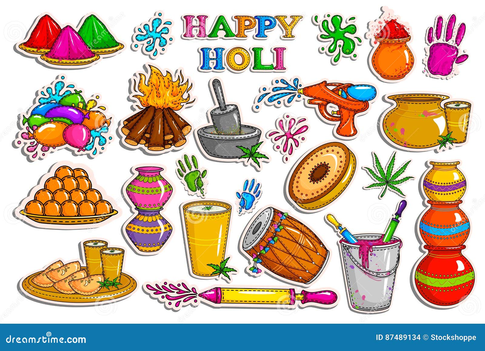 Sticker Collection for Holi Holiday Celebration Object Stock Vector ...