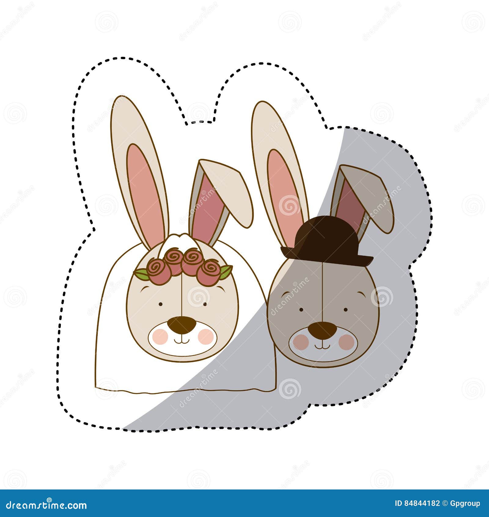 Sticker Colorful and Half Shadow with Faces Couple of Married Rabbits ...