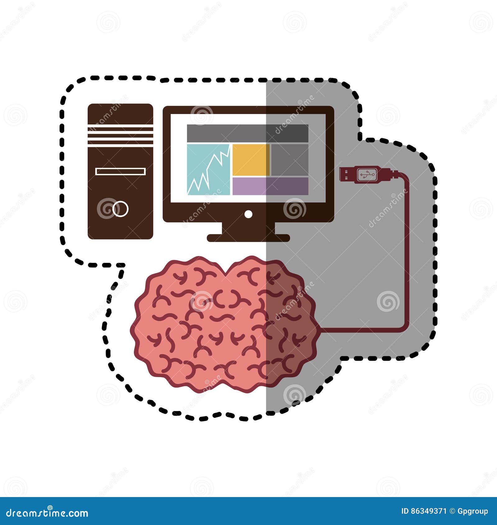 Sticker Computer Desktop and Usb Connected To Brain Stock Illustration ...