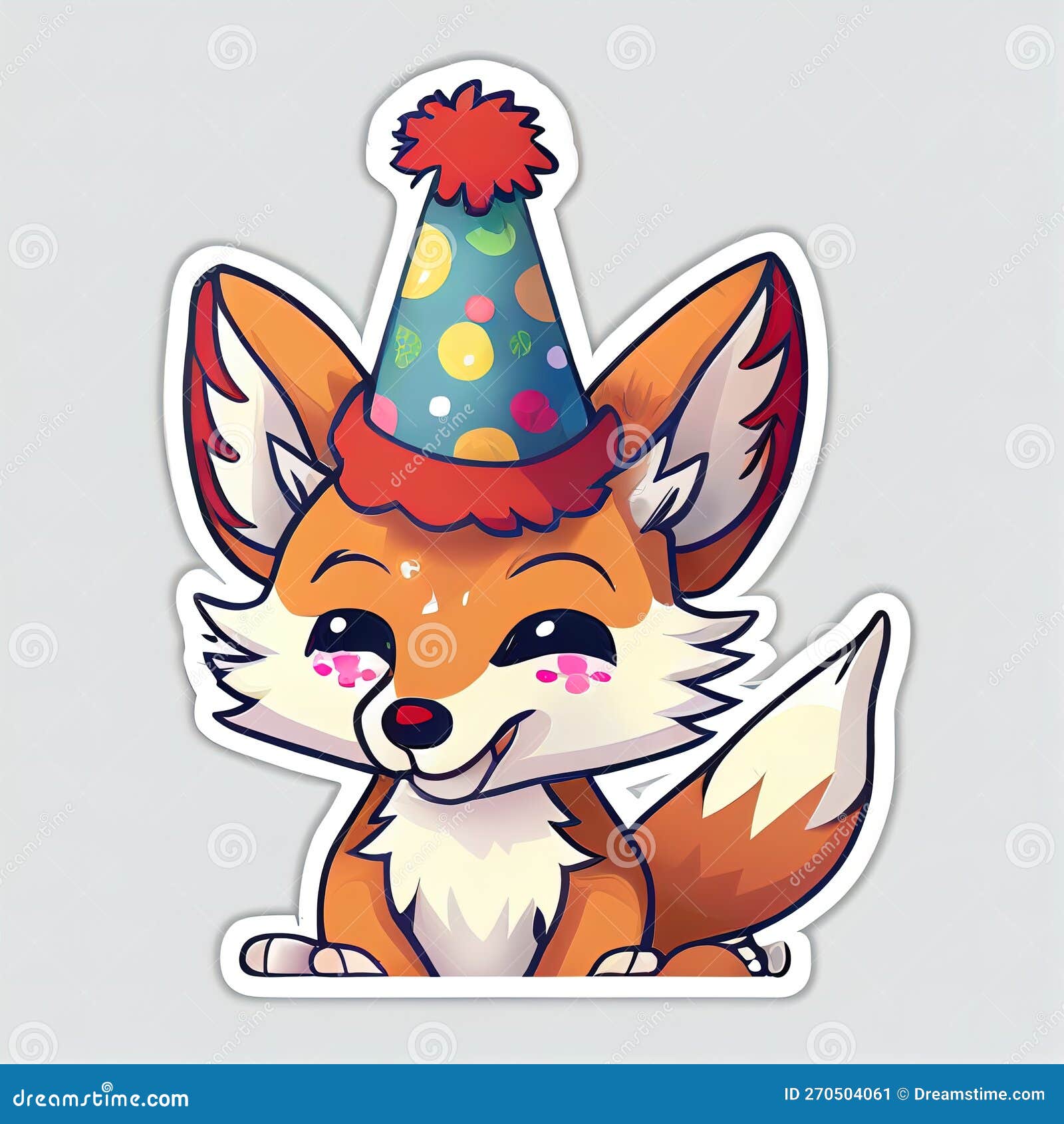 A Sticker of a Fox Wearing a Party Hat with Polka Dots on it S Head and ...
