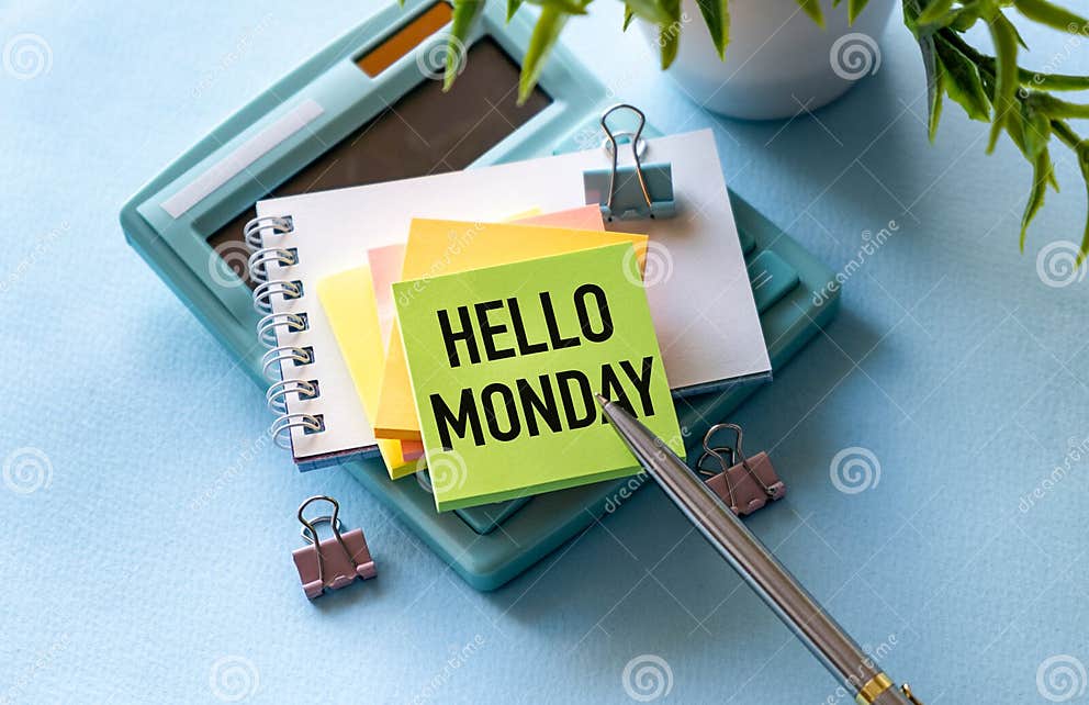 Sticker with Hello Monday Text on Notebooks on Blue Background Stock ...