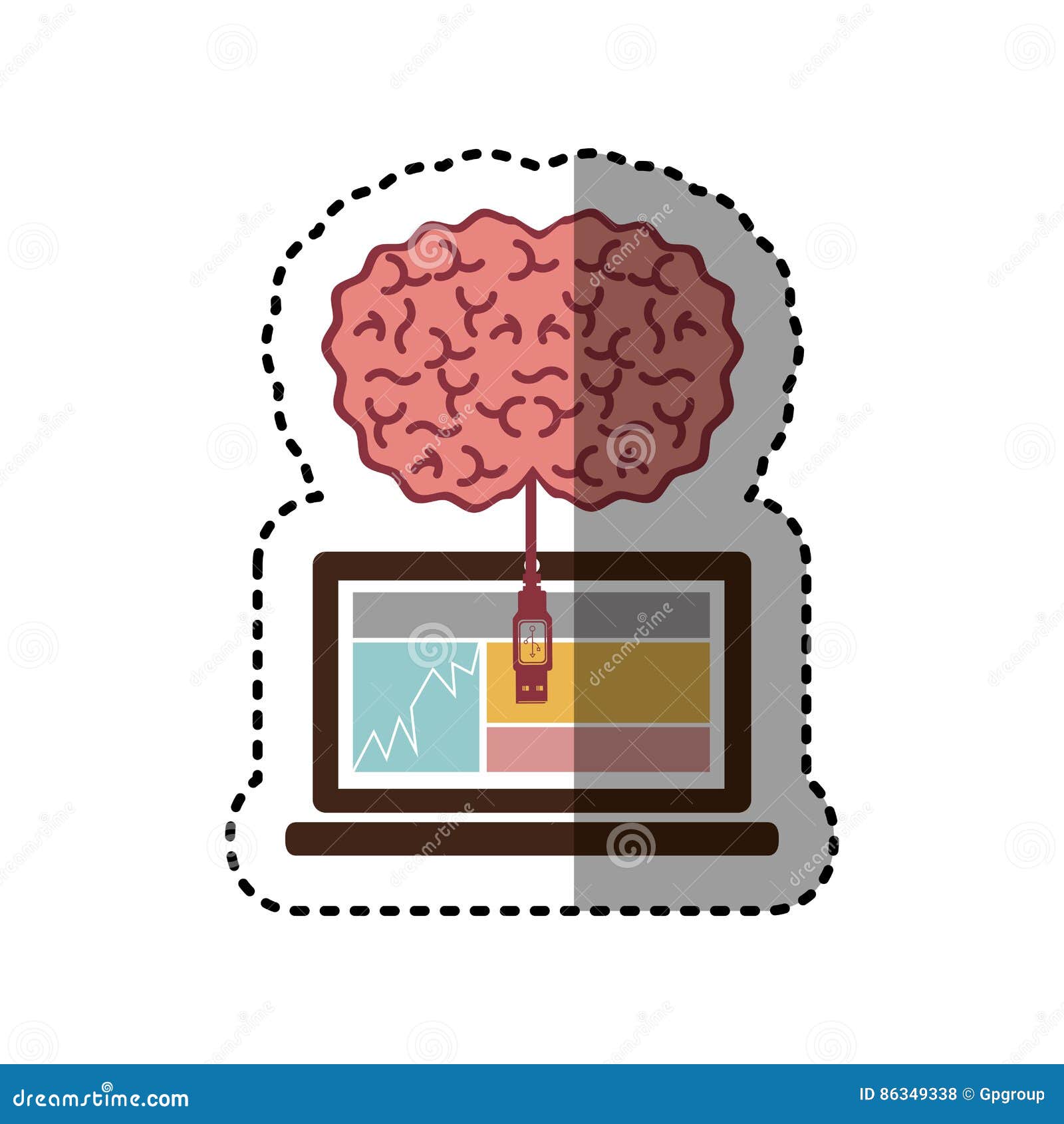 Sticker Laptop and Usb Connected To Brain Stock Illustration ...
