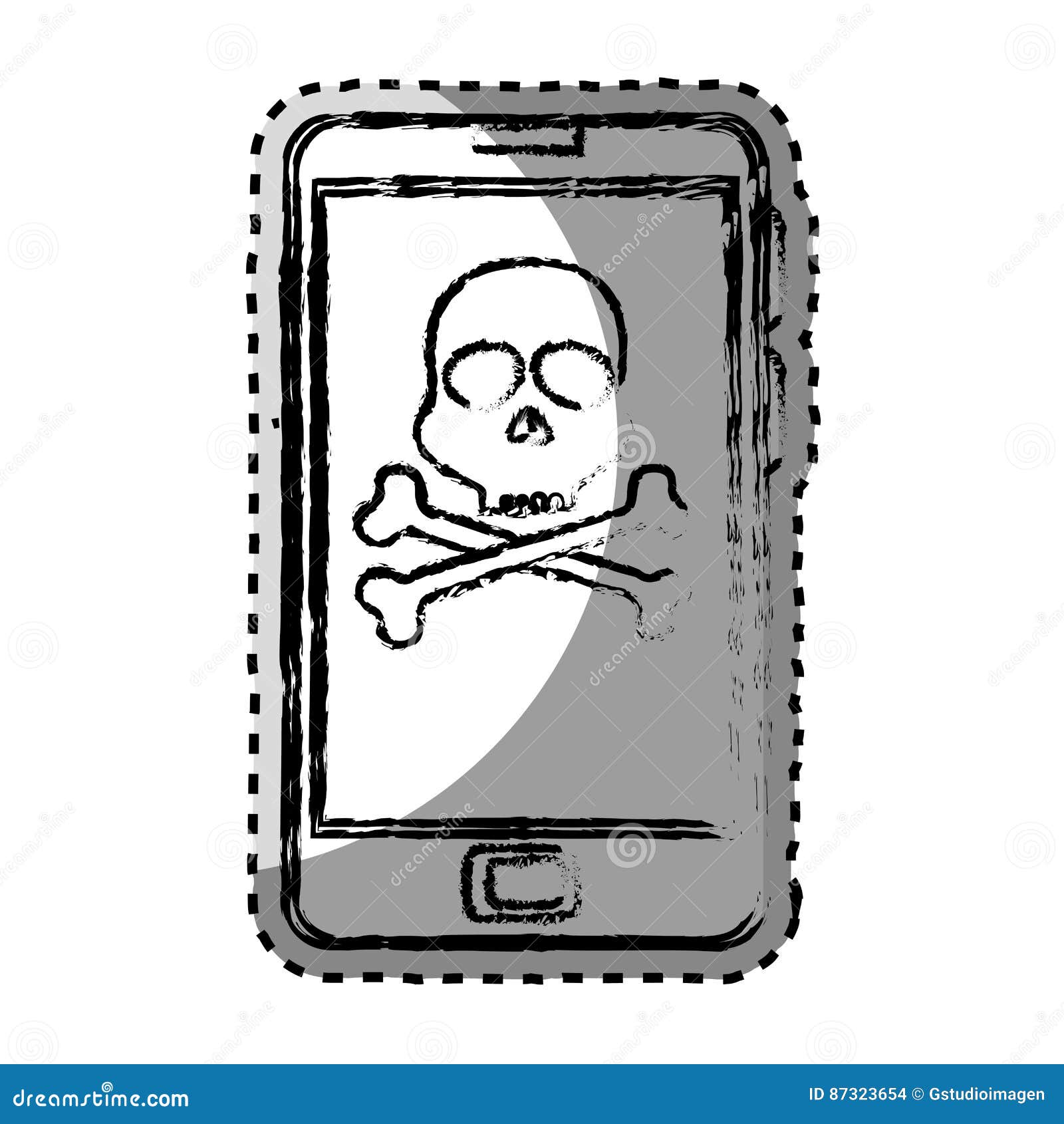 Sticker Monochrome Blurred with with Cell Phone with Virus Skull and ...