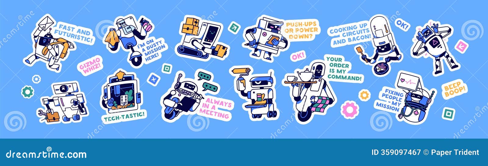 Sticker Pack of Funny Robots with Comic Phrases. Set of Humanoids with ...