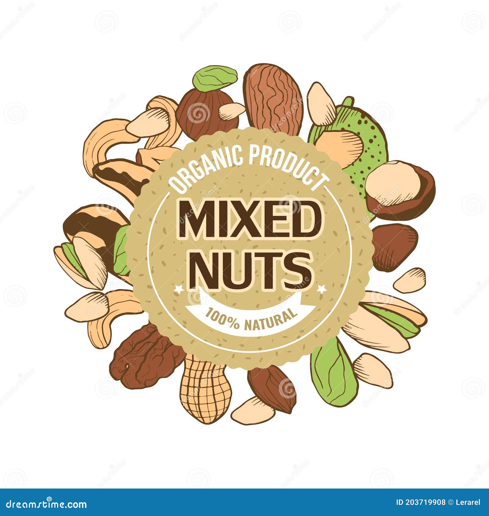 A Sticker for Packing with Nuts. a Sketch of Colored Nuts in a Round ...