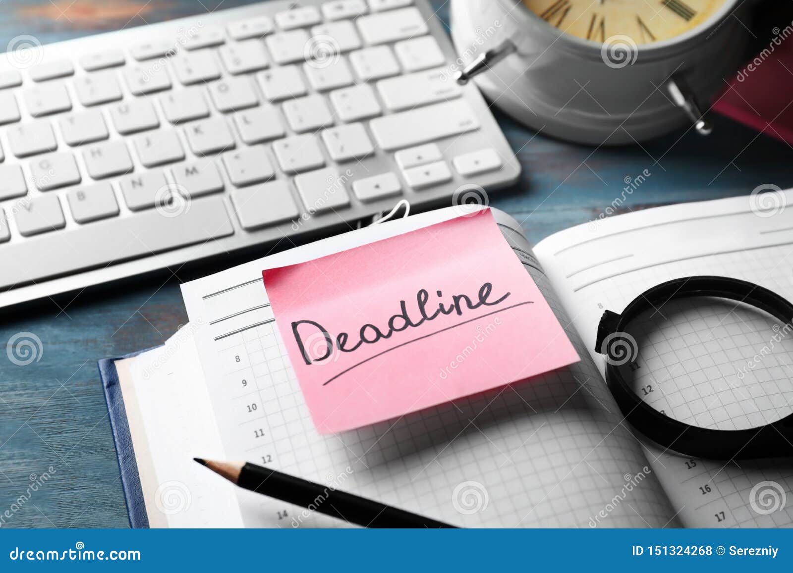 Sticker Paper with Word DEADLINE, and Magnifying Glass and Notebook on ...
