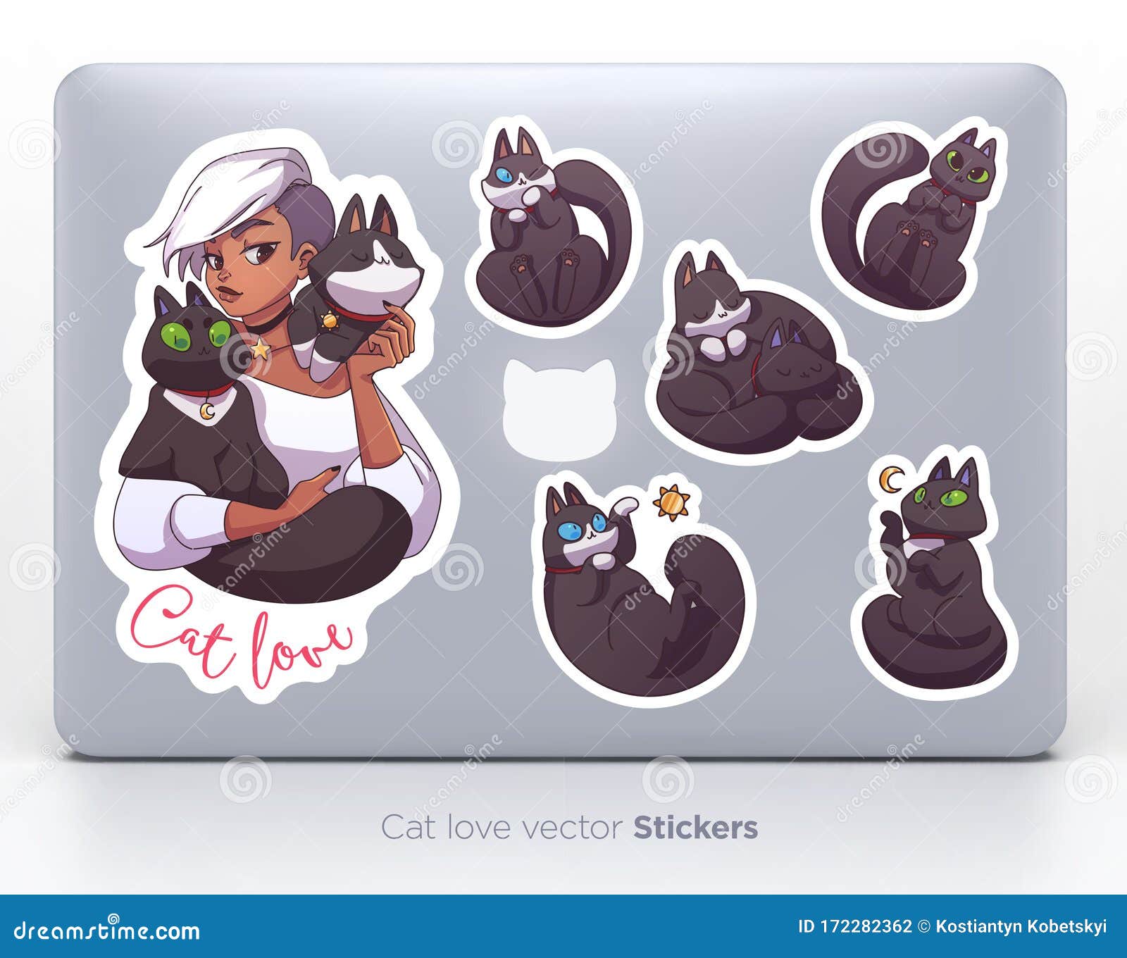 Sticker Set with Cute Girl and Cats. Vector Stock Vector - Illustration ...