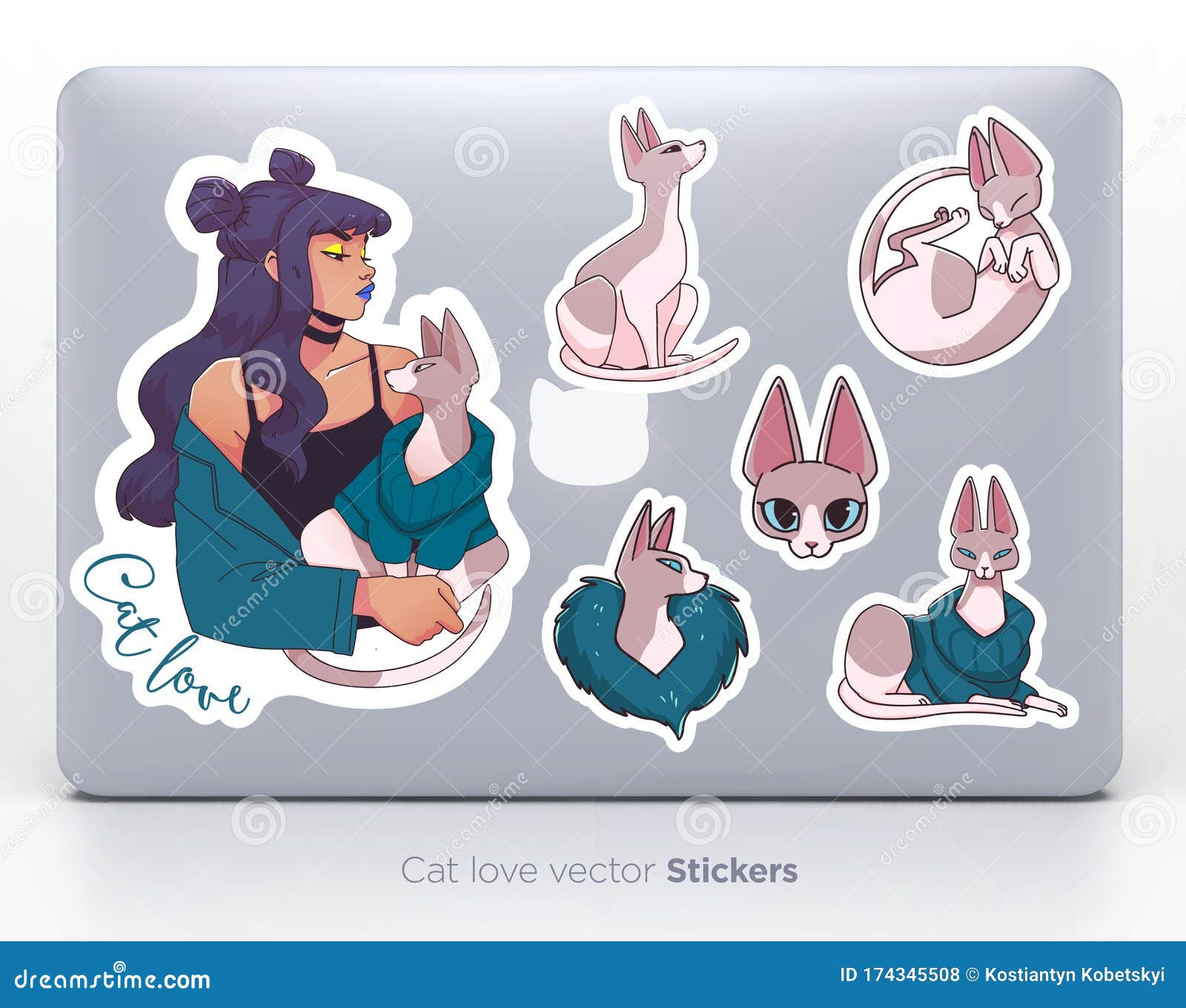Sticker Set with Cute Girl and Cats. Vector Stock Illustration ...