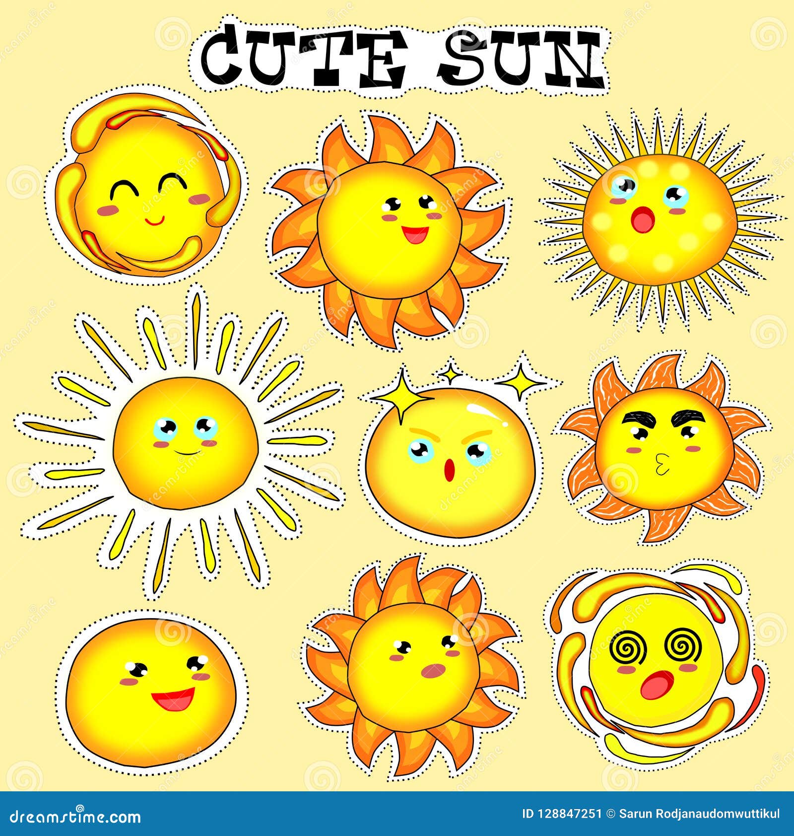 Sticker set with cute sun stock illustration. Illustration of pack ...