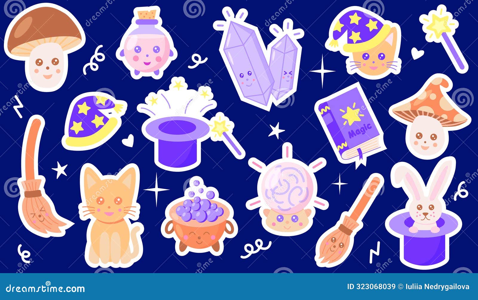 Sticker Set with Different Childrens Magic Elements, Vector in Kawaii ...