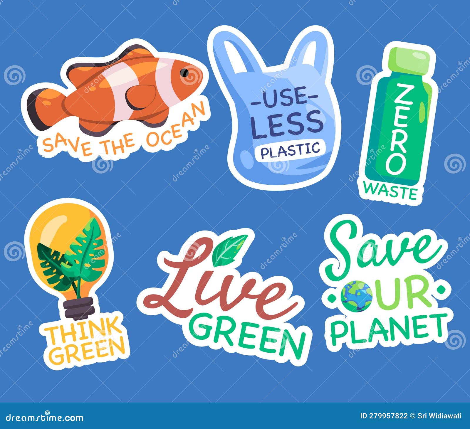 Sticker Set Graphic Collection of Save the Ocean Use less Plastic Zero Waste Think Green Live ...