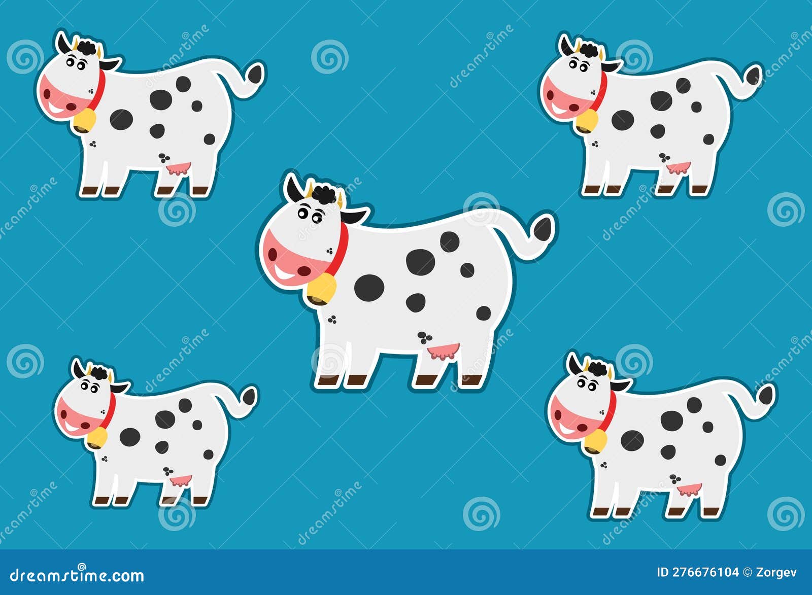 Sticker Set of Smiling Dairy Cow with Bell on Blue Background - Vector ...