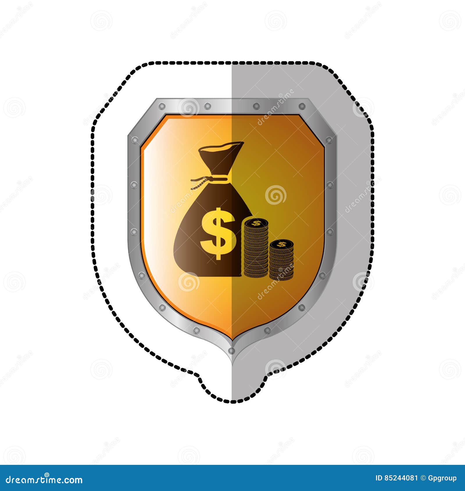 Sticker Shield with Bag with Dollar Symbol and Stacked Coins Stock ...