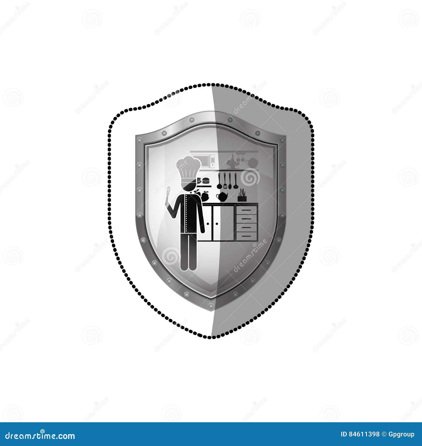 Sticker Shield with Chef in the Kitchen Stock Vector - Illustration of ...