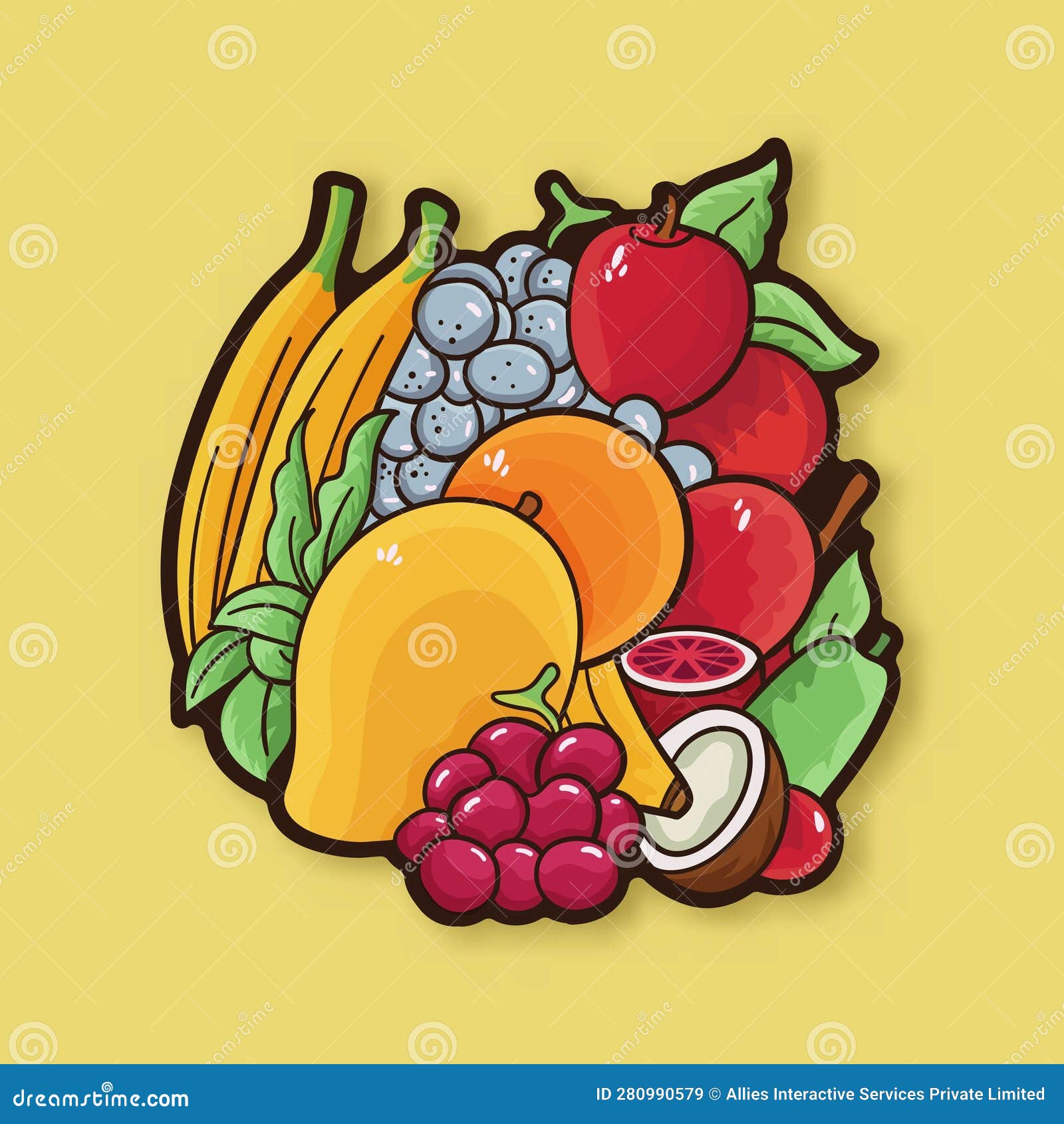 Sticker Style Fresh Fruits Bunch on Yellow Stock Illustration ...