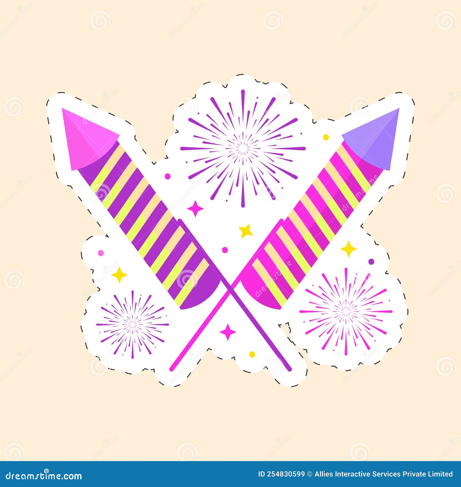 Sticker Style Pink and Yellow Cross Firecracker Rocket with Firework ...