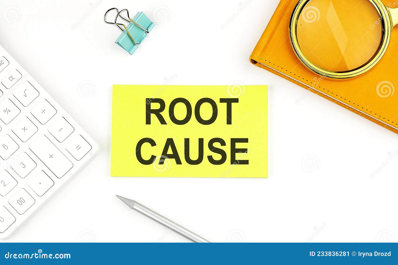 Sticker with the Text ROOT CAUSE on a White Background, Near Calculator ...