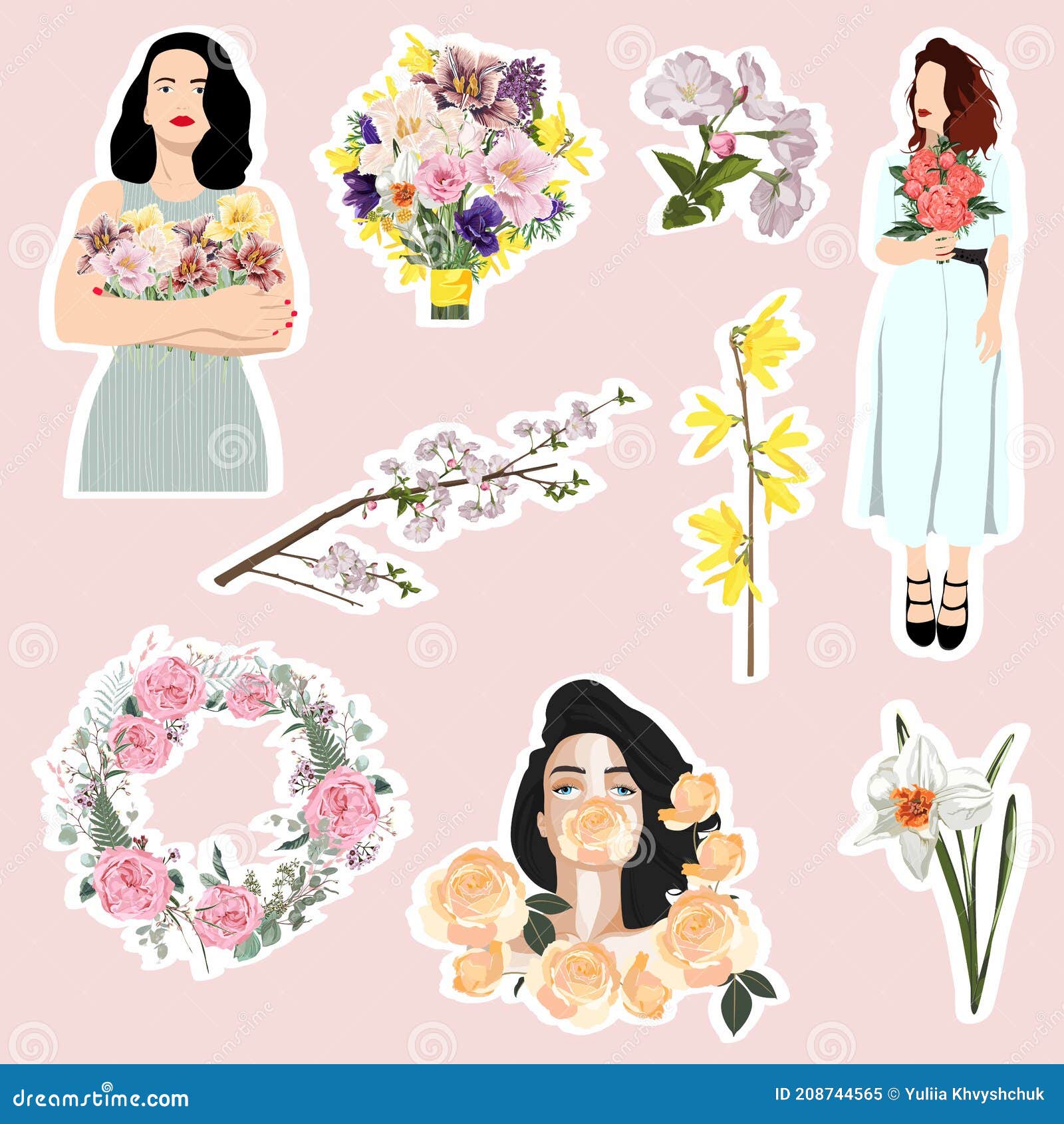 Set of Lovely Stickers with Spring Flowers Girls in Flat Style. Vintage ...