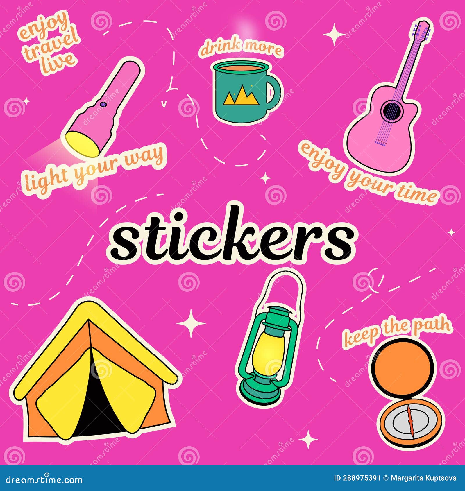 Trekking and Hiking Y2k Style Stickers on Pink Background Stock Vector ...