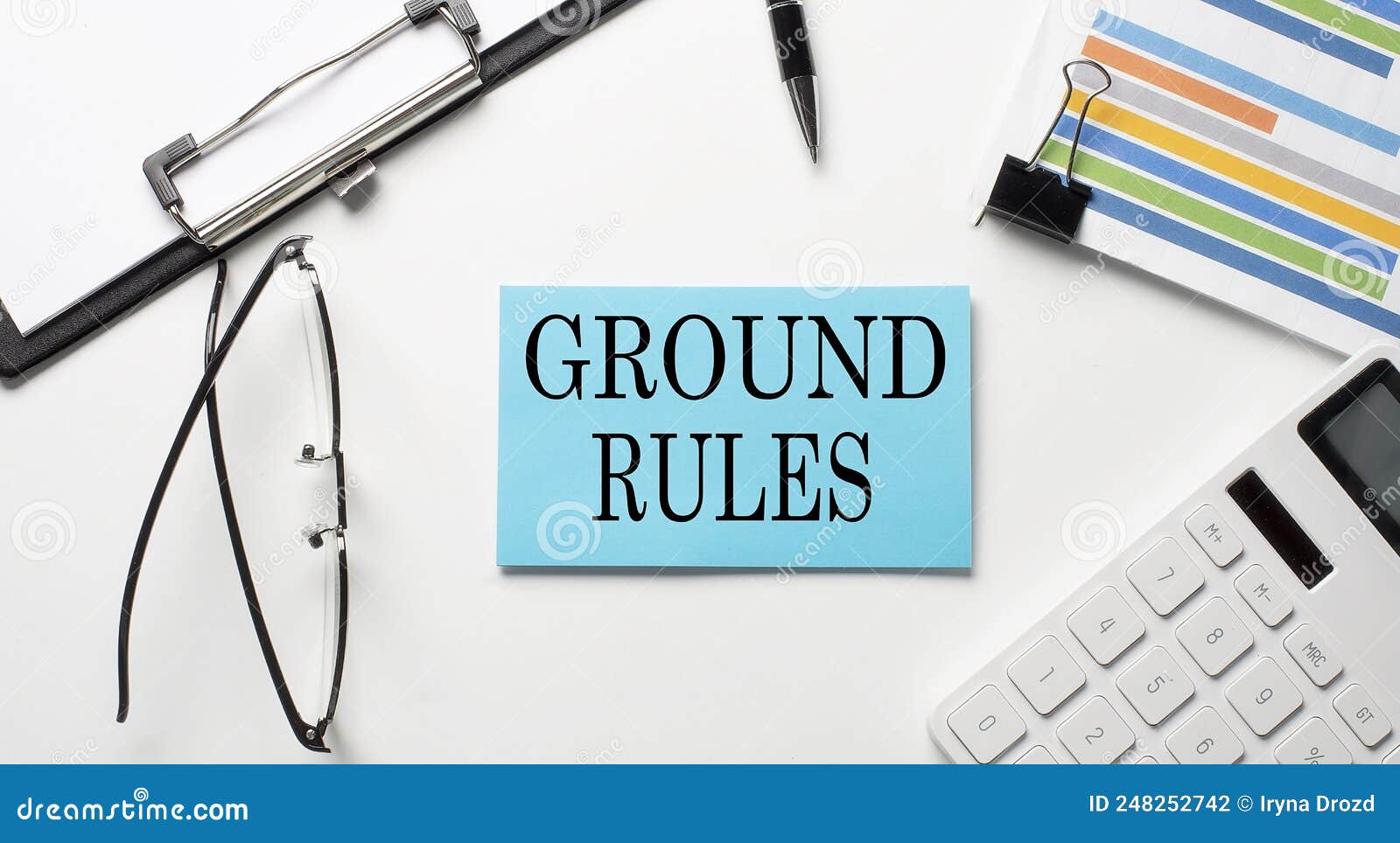 Stickers with Chart,calculator and Paper with Text GROUND RULES on the ...