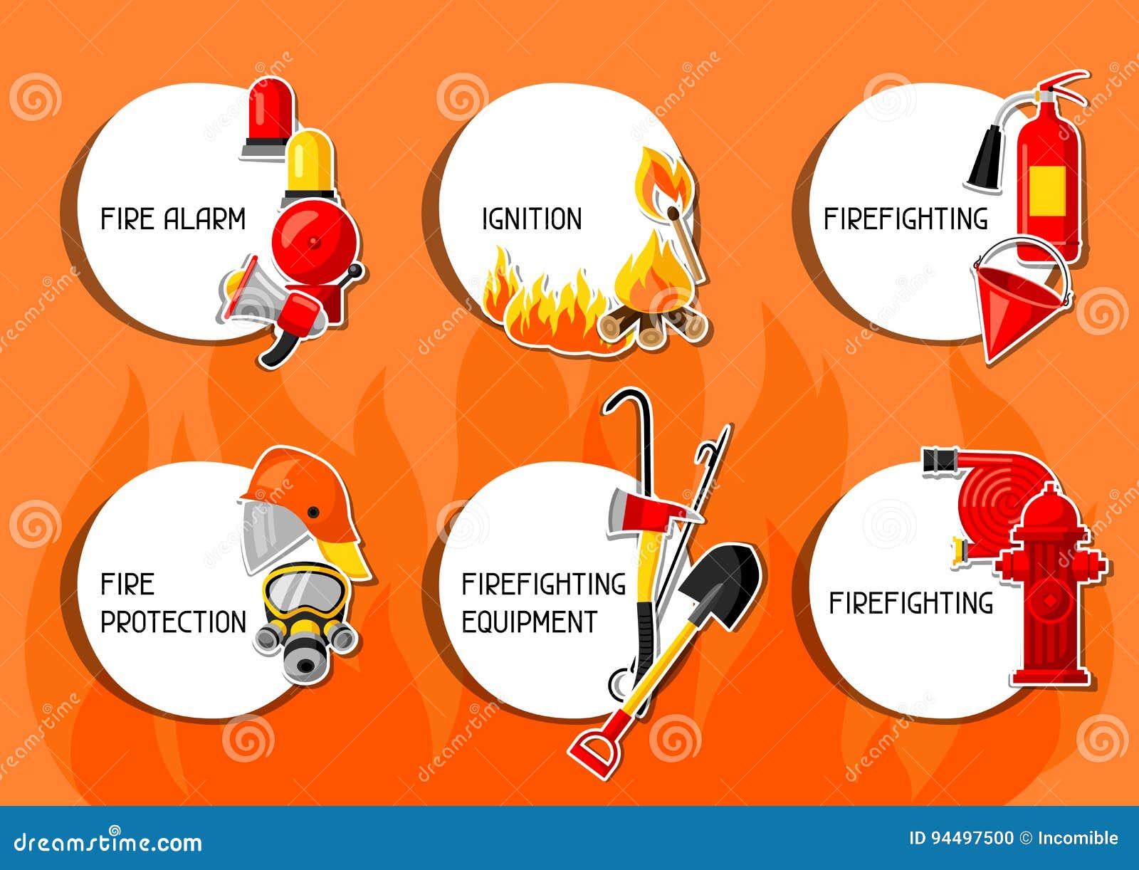 Stickers with Firefighting Items. Fire Protection Equipment Stock ...