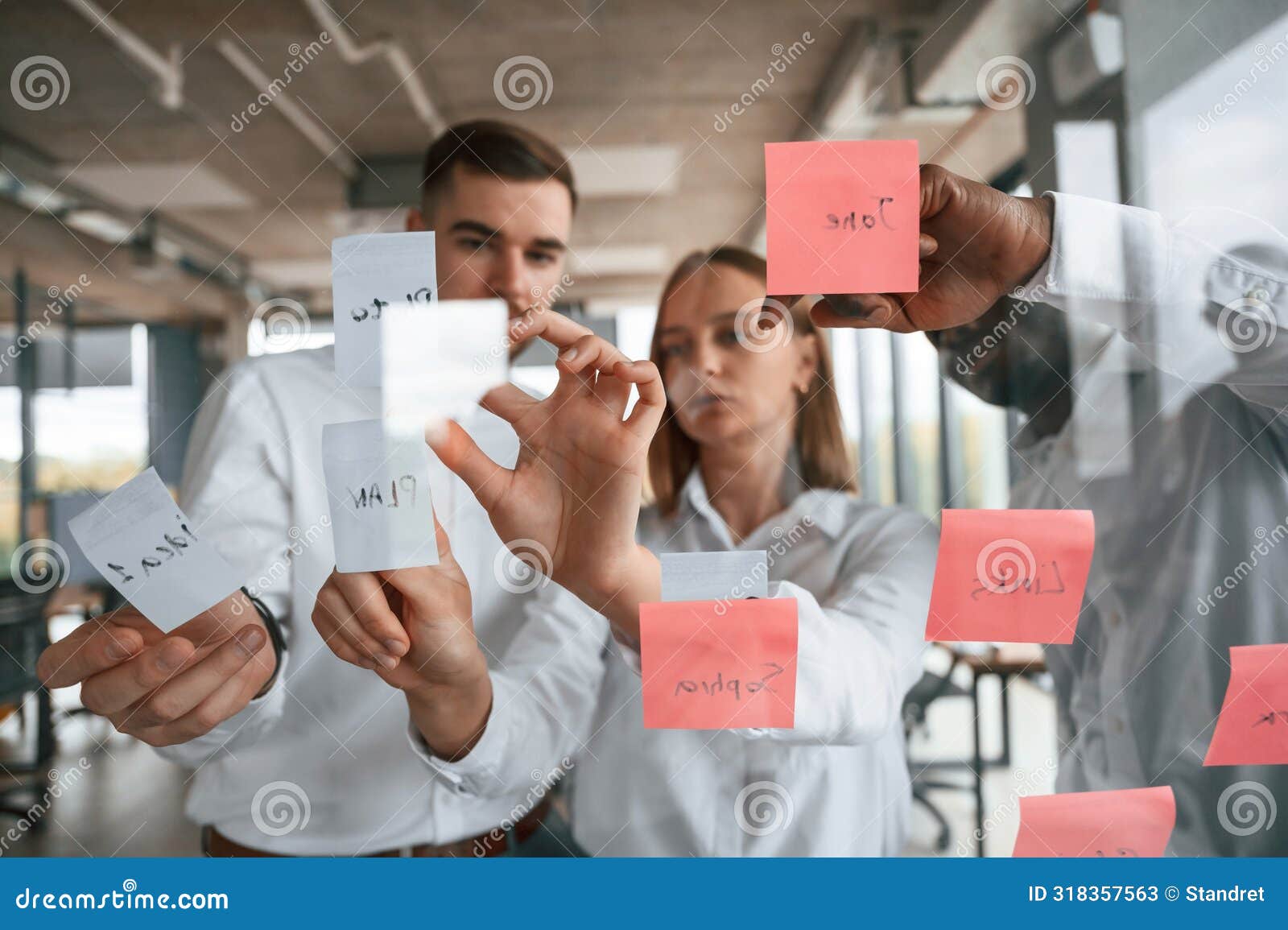 Stickers on the Glass, Planning the Project. Group of Office Workers ...