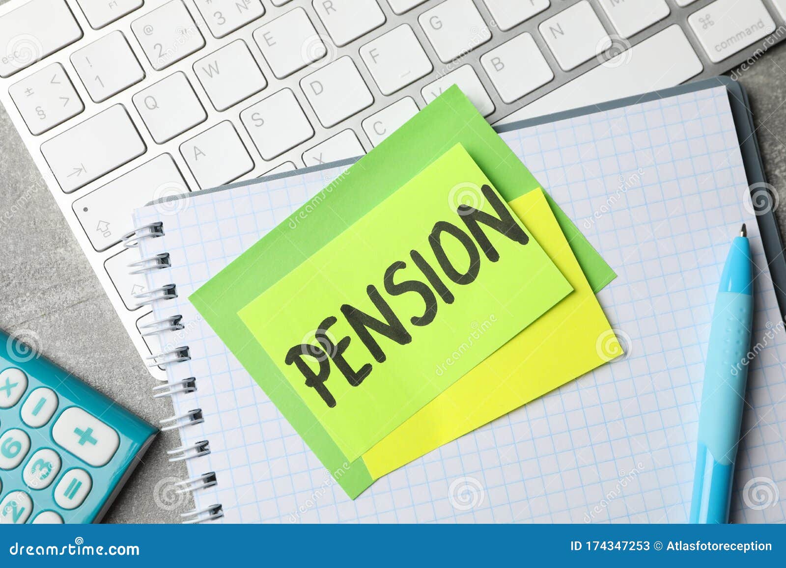 Stickers with Inscription Pension on Background, Top View Stock Image ...