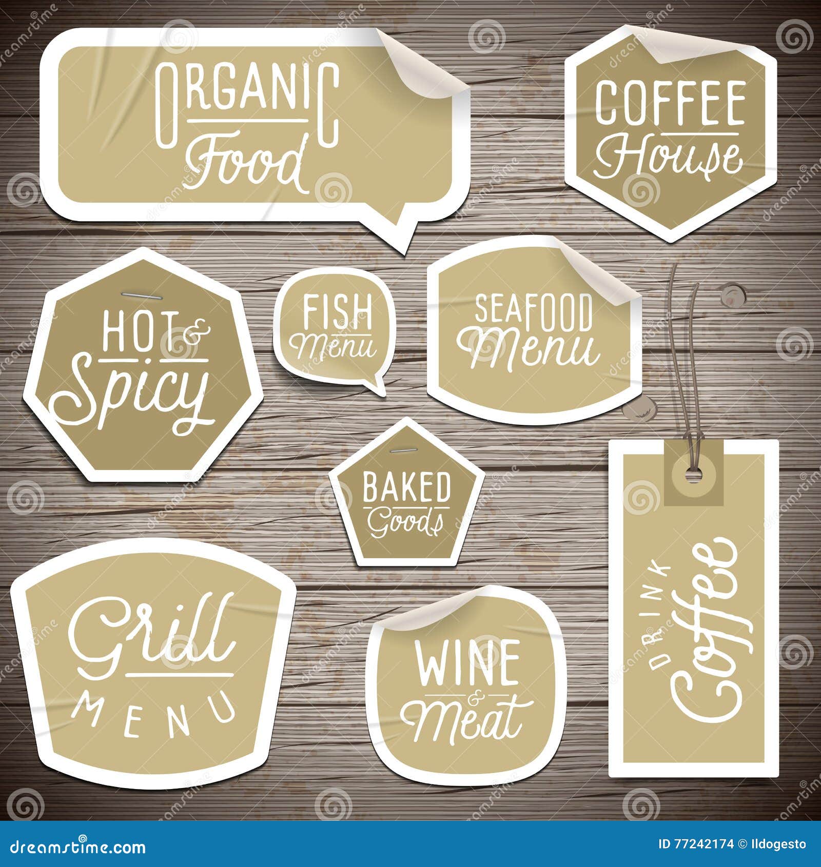 Stickers On Rustic Wood Background Cartoon Vector | CartoonDealer.com ...