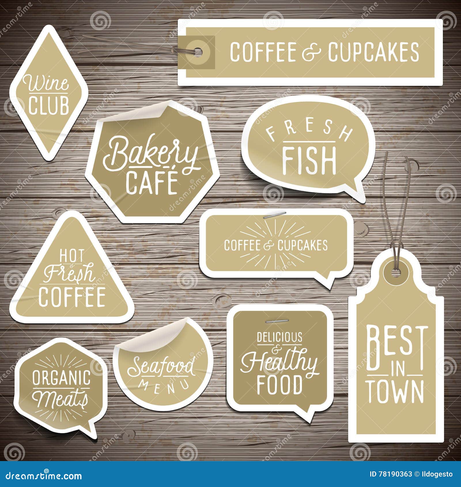 Stickers On Rustic Wood Background Cartoon Vector | CartoonDealer.com ...