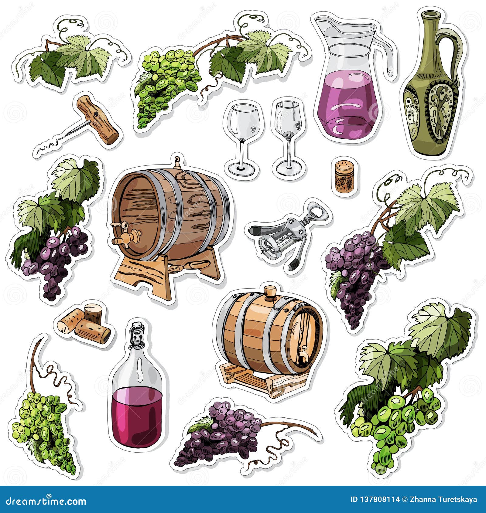 Stickers Set Of Wine Product Objects. Hand Drawn Ink And Colored Sketch ...