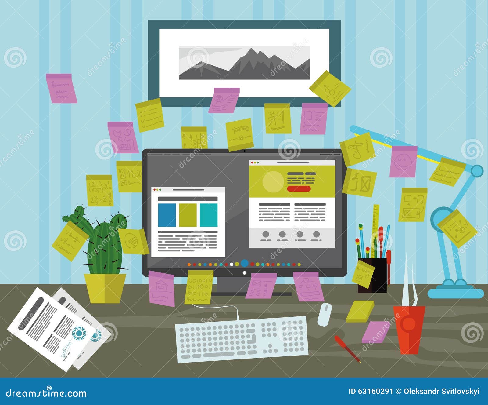 Stickies On Computer Screen In The Office Cartoon Vector ...