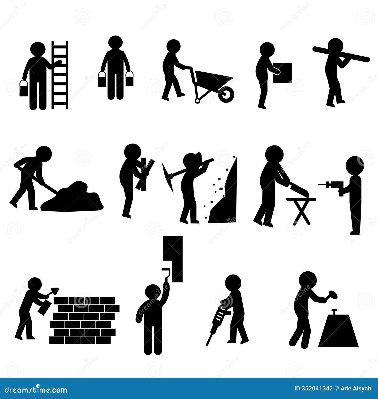 Stickman Construction Worker at Work in Different Poses with Tools ...