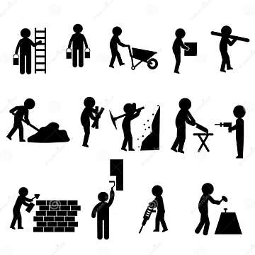 Stickman Construction Worker at Work in Different Poses with Tools ...