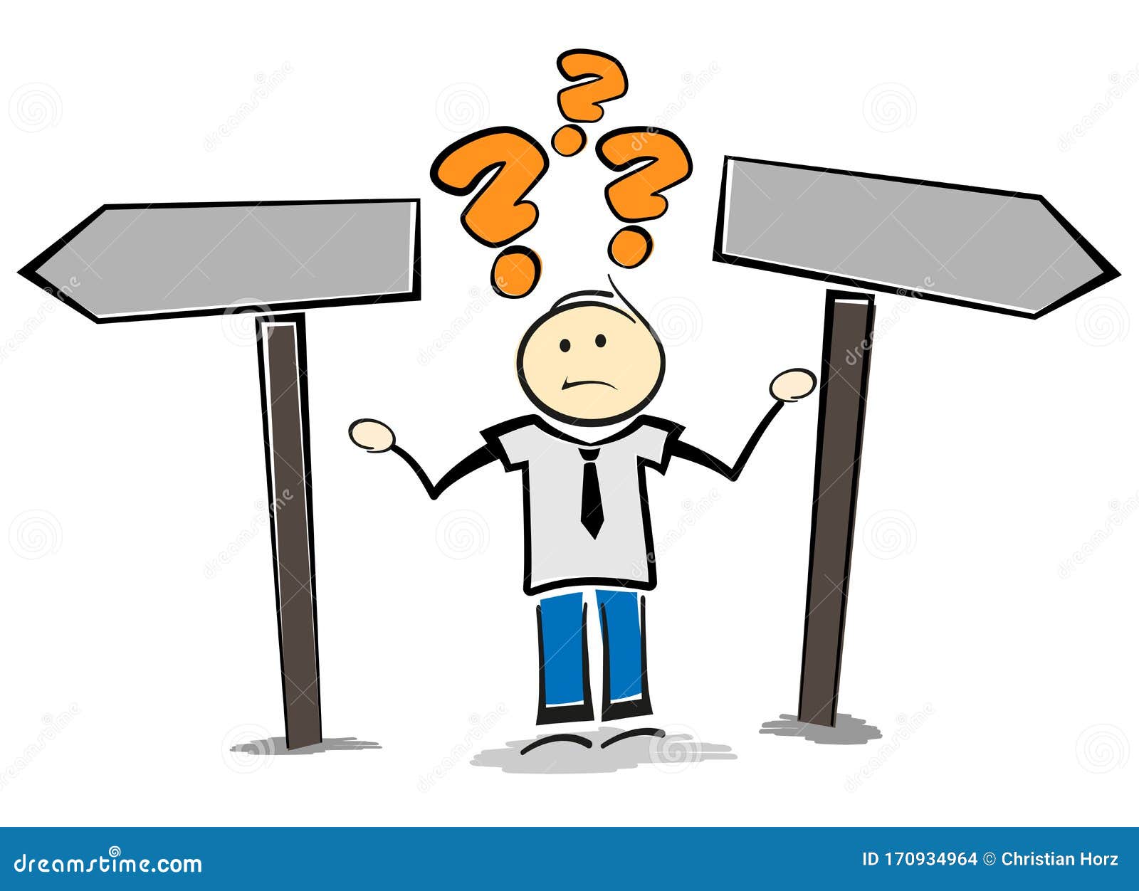 Stickman Person Standing At Signpost Looking For Right Direction Or
