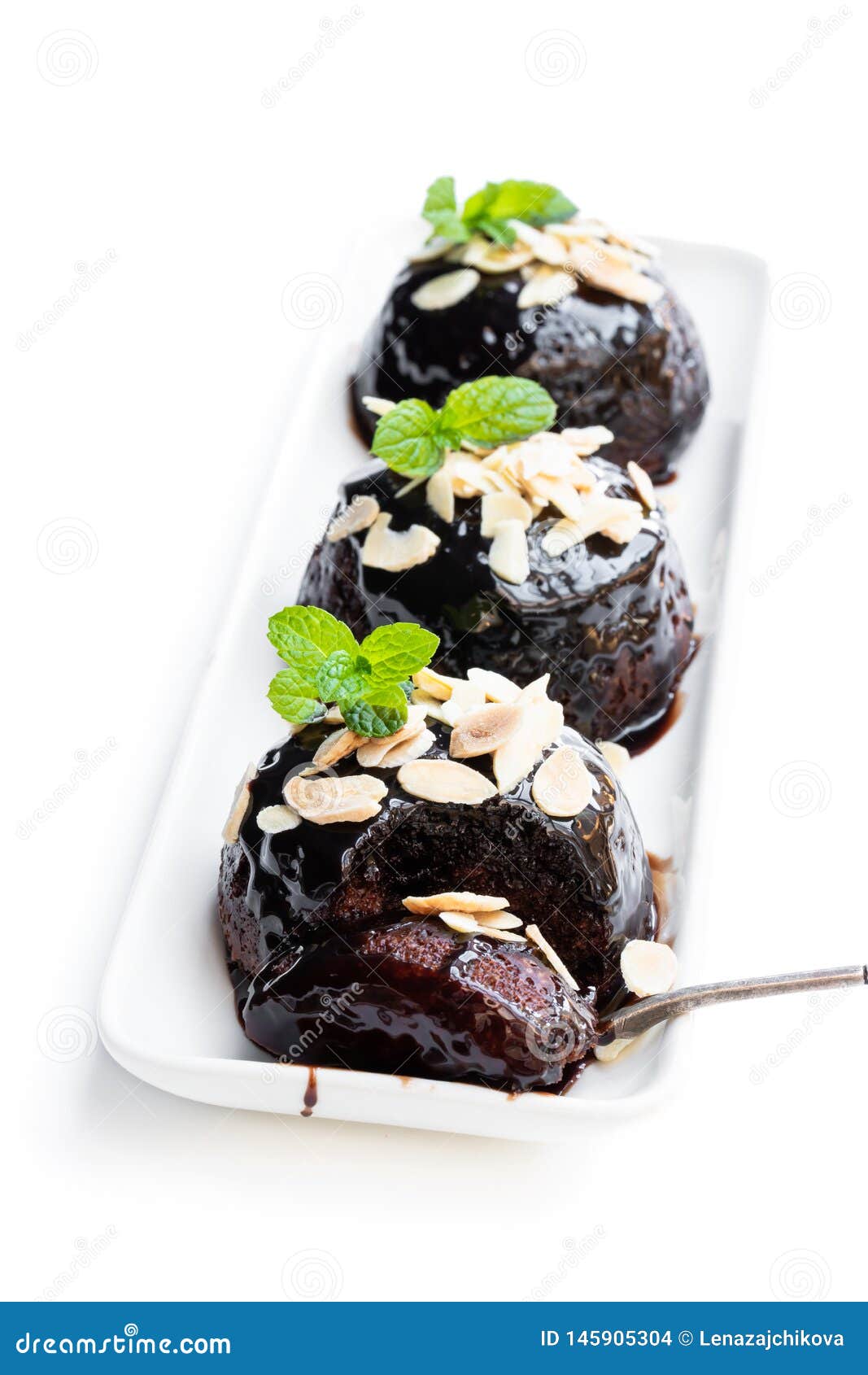 Sticky Chocolate Puddings Isolated on White Stock Photo - Image of mint ...