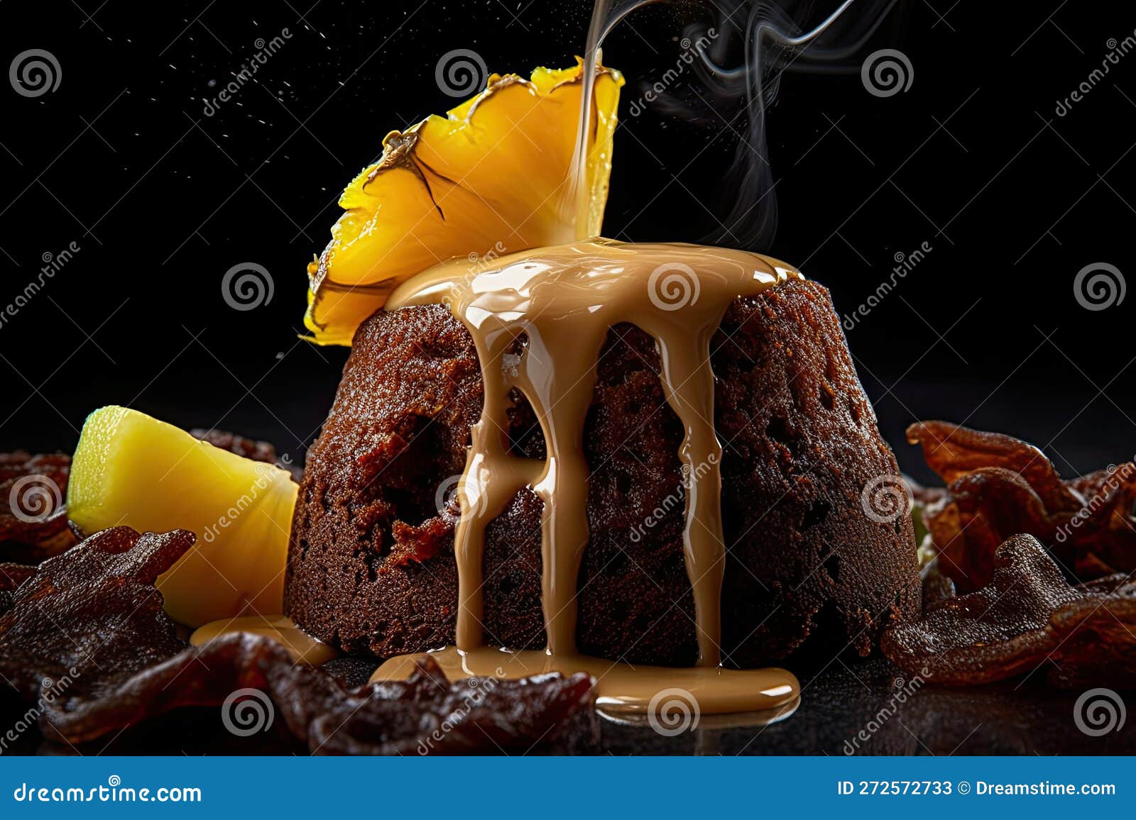 Sticky Ginger Pudding, Marinated Pineapple, Mango Cream and Ginger Beer Syrup. Generative AI ...