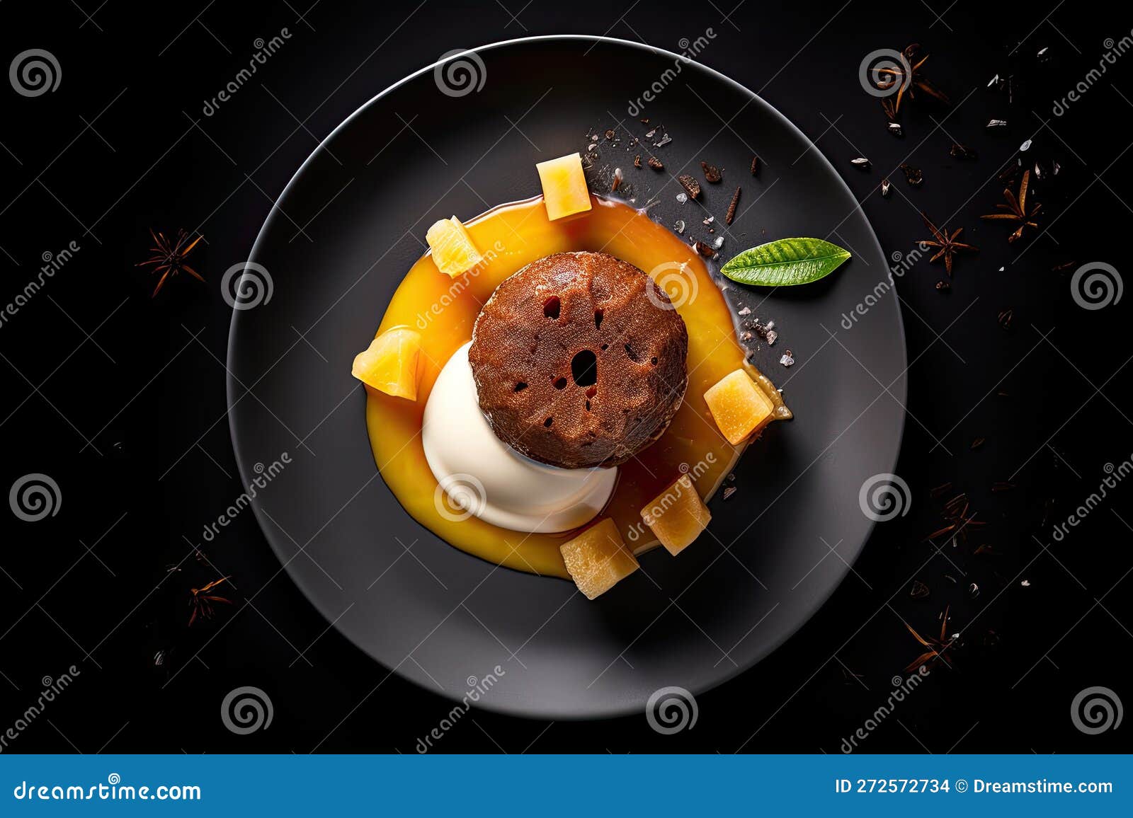 Sticky Ginger Pudding, Marinated Pineapple, Mango Cream and Ginger Beer Syrup. Generative AI ...