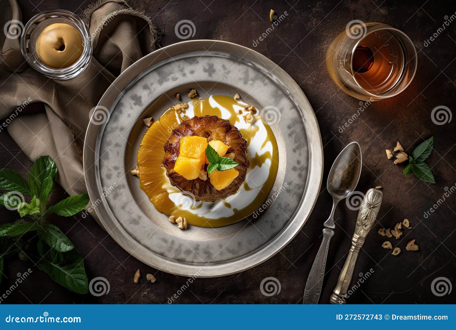 Sticky Ginger Pudding, Marinated Pineapple, Mango Cream and Ginger Beer Syrup. Generative AI ...