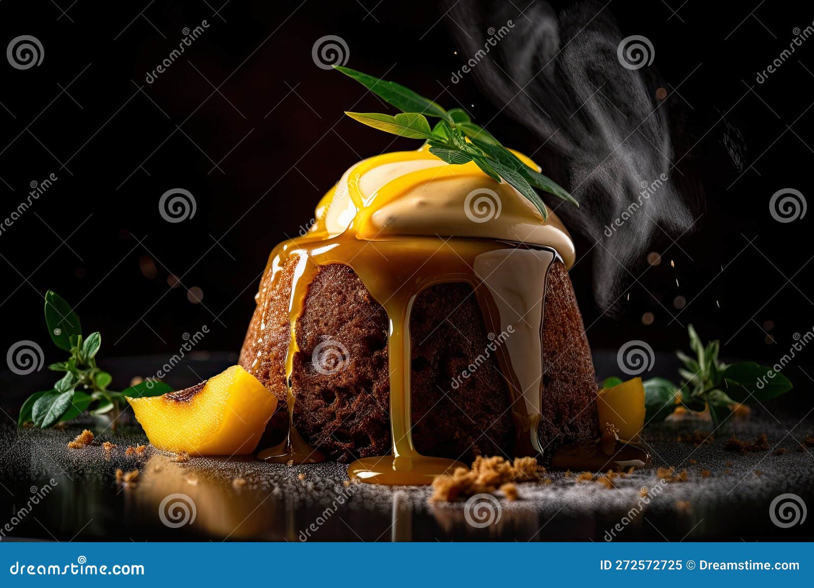 Sticky Ginger Pudding, Marinated Pineapple, Mango Cream and Ginger Beer Syrup. Generative AI ...