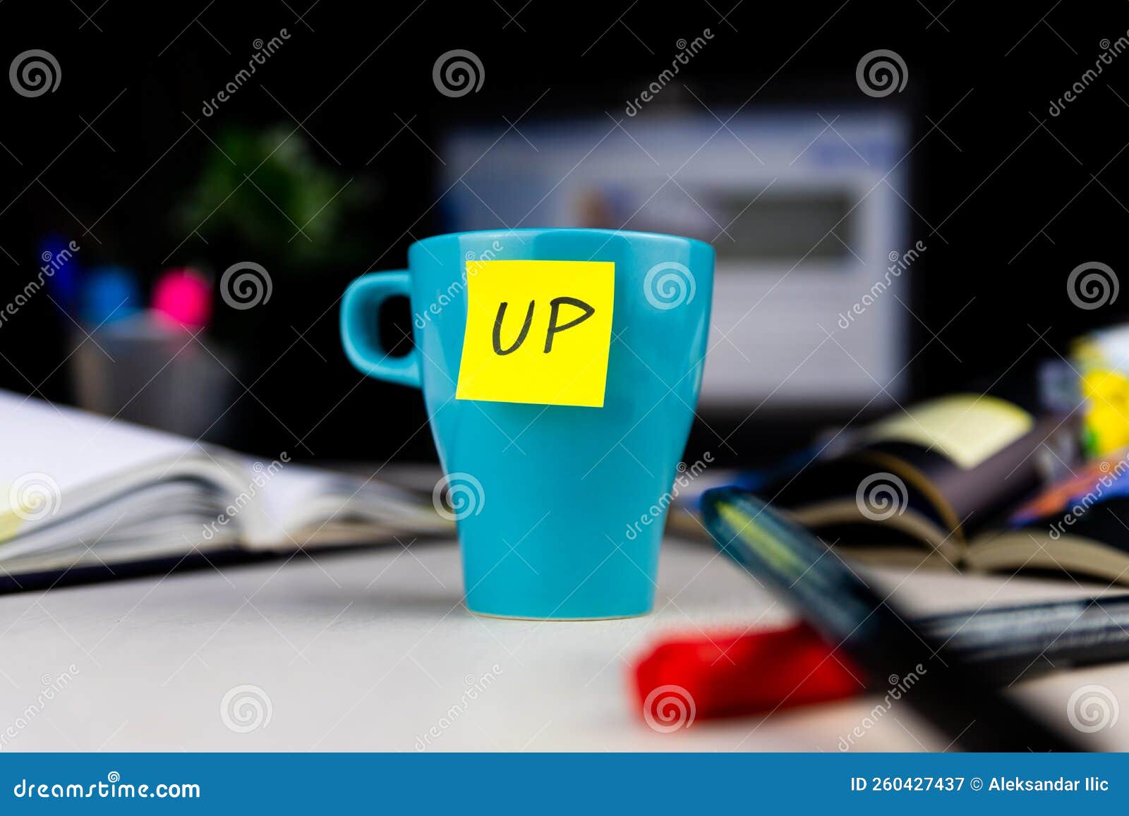 Sticky Note on a Coffe Cup at Office Desk. Wake Up Stock Image - Image ...