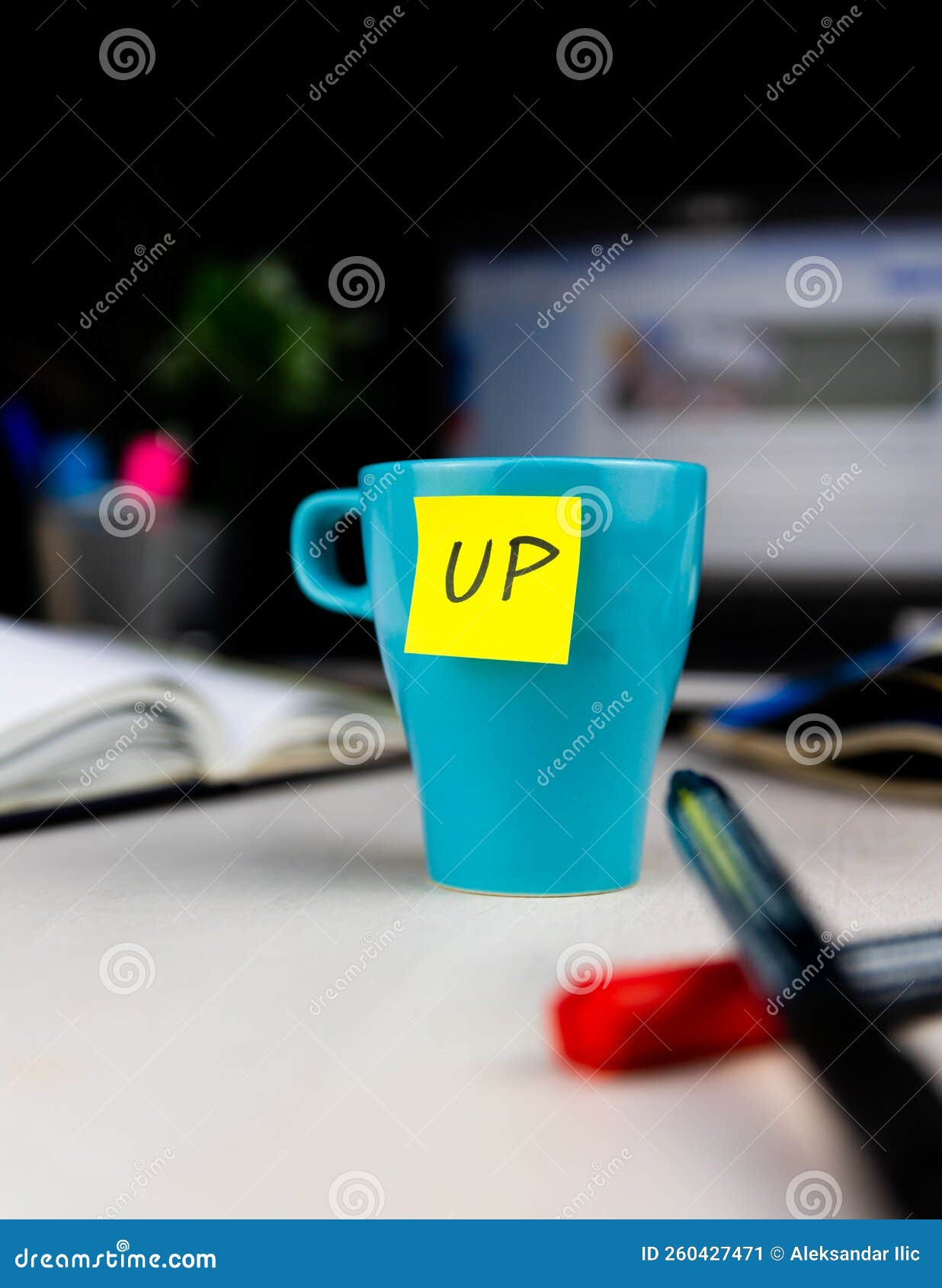 Sticky Note on a Coffe Cup at Office Desk. Wake Up Stock Image - Image ...