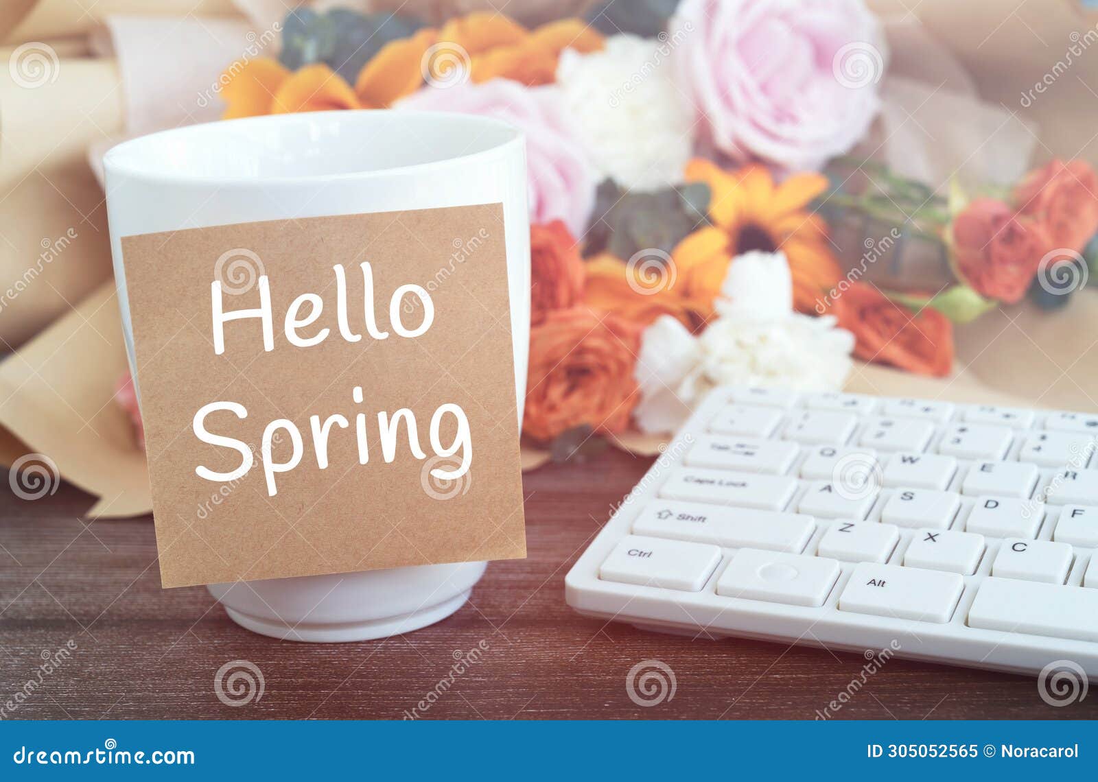 Sticky Note on a Cup of Coffee with Text Hello Spring Stock Image ...