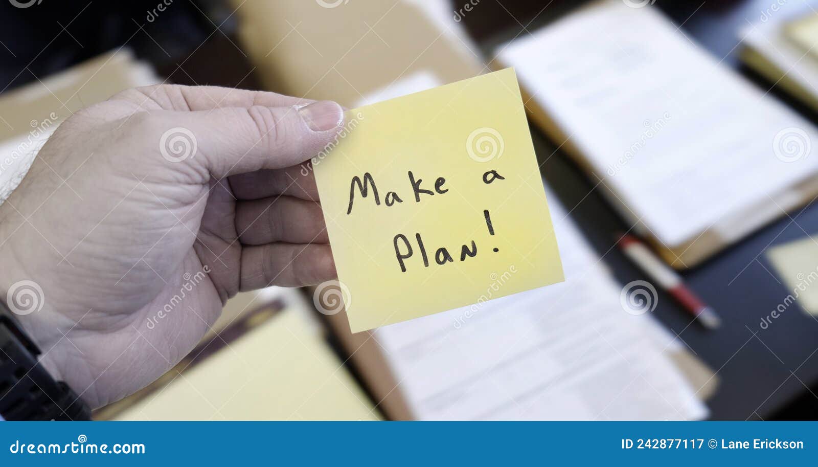 Sticky Note in Hand Businessman Desk Files Folder Working Make a Plan ...