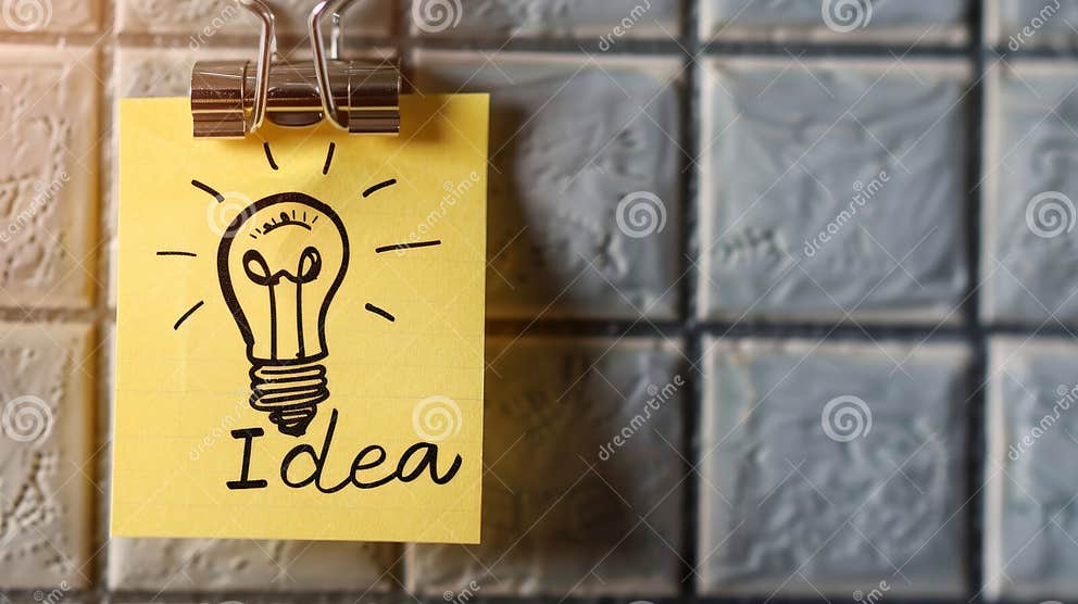 Sticky Note with Lightbulb Drawing and Idea Text Attached To Tiled Wall ...