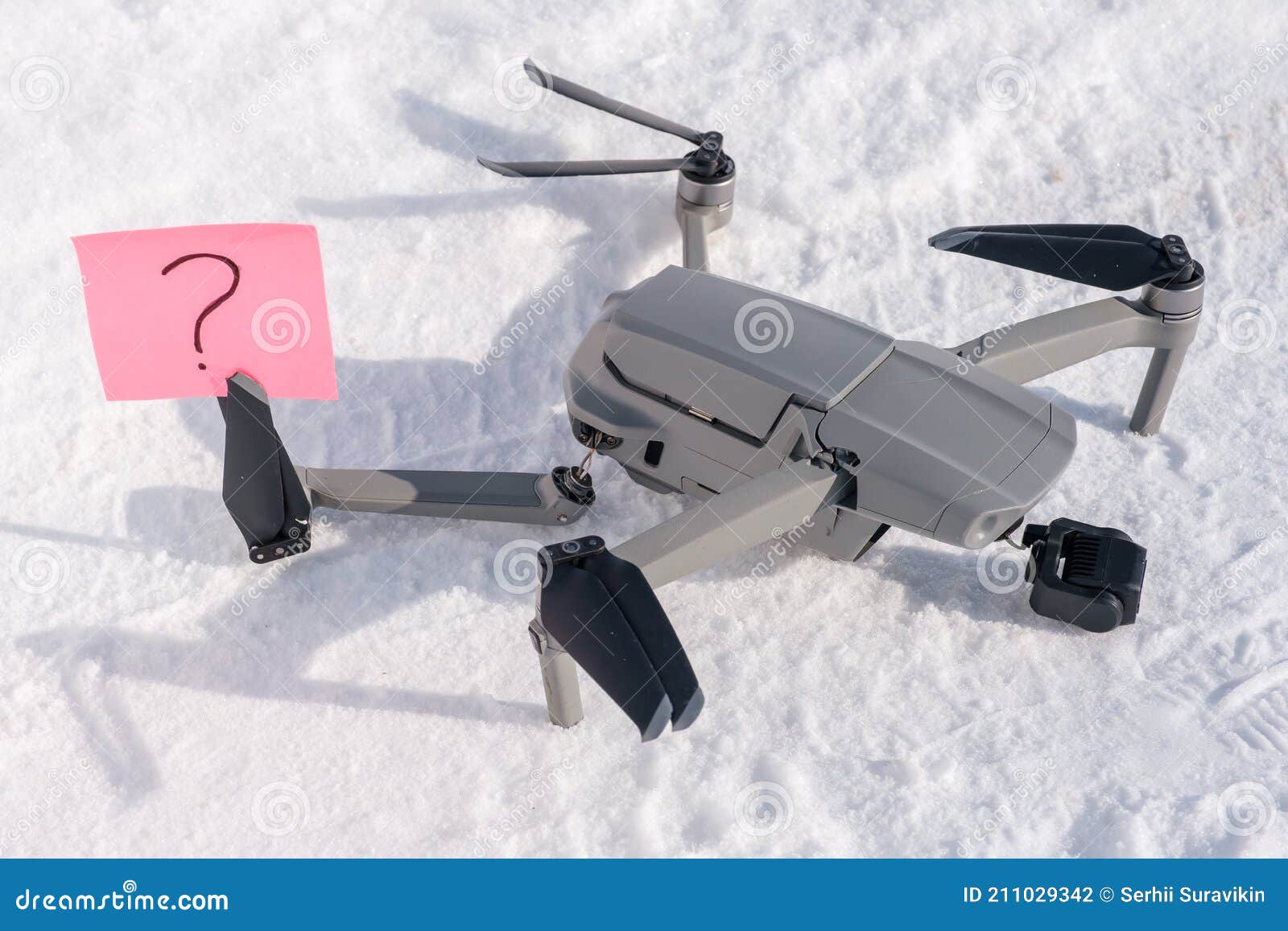 Sticky Note with Question Mark in Propeller Blades of Broken Drone on ...