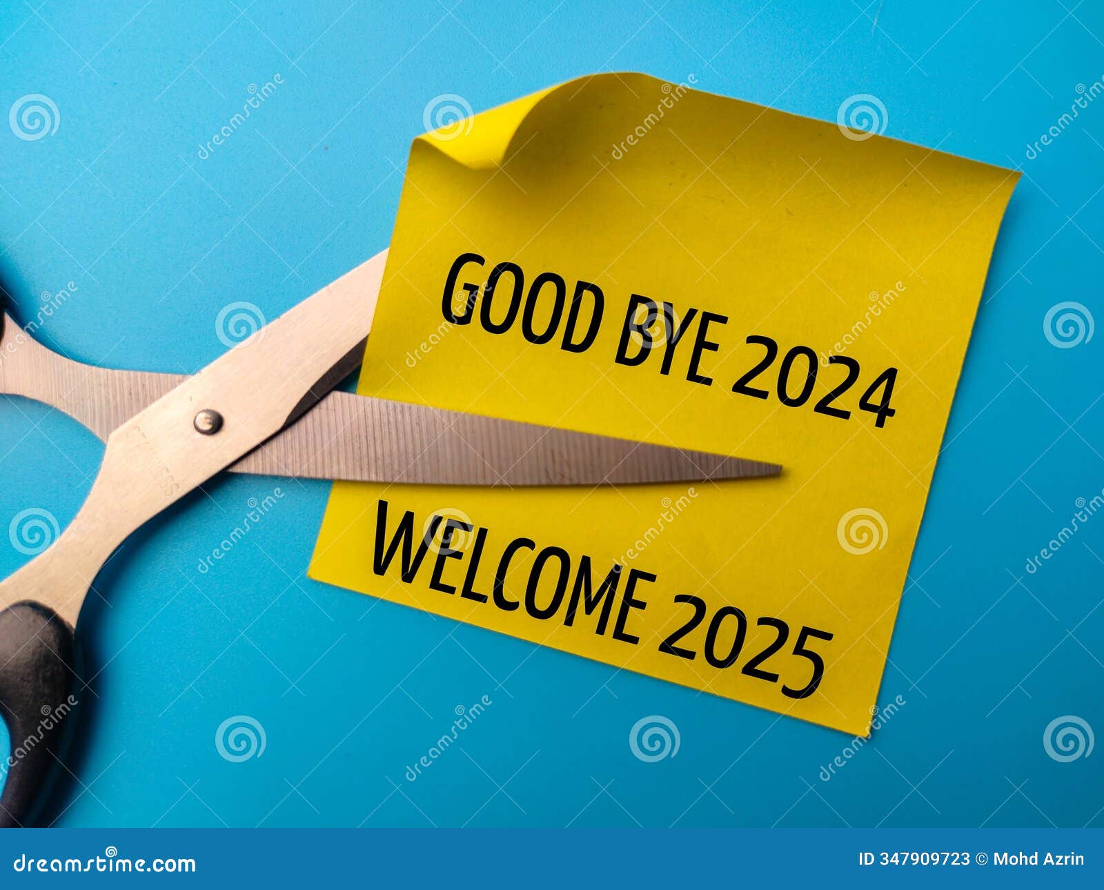 Sticky Note and Scissors with Text Good Bye and Welcome 2025 on a Blue ...