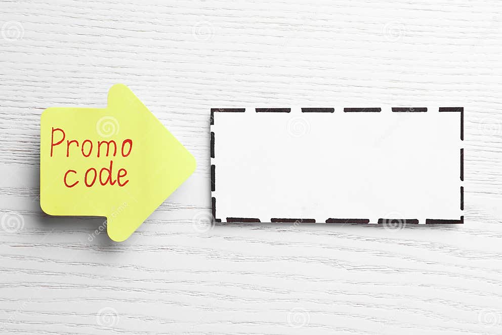 Sticky Note with Words Promo Code and Blank Card on White Wooden Table ...